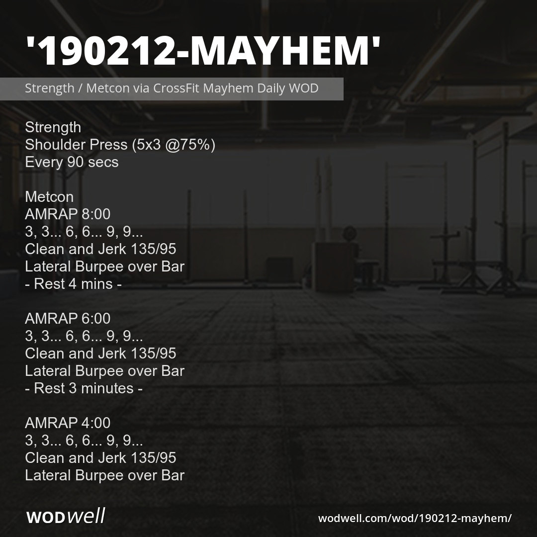 "190212-Mayhem" Workout, Strength / Metcon via CrossFit Mayhem Daily ...